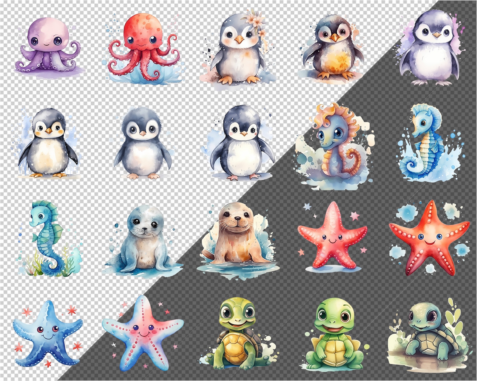 Watercolor Baby Sea Creatures Clipart, Cartoon Animals, Nursery Wall ...