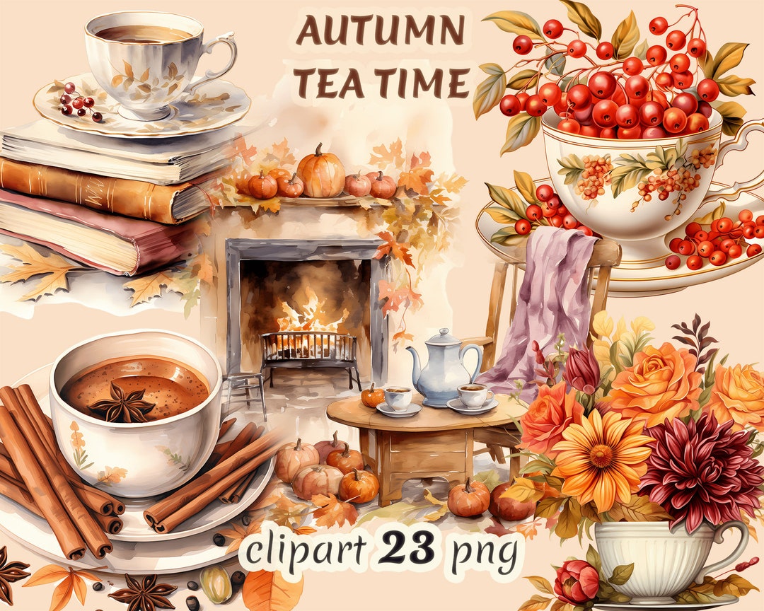 Watercolor Autumn Tea Time Clipart, Cinnamon Tea, Books With Cup, Cozy ...