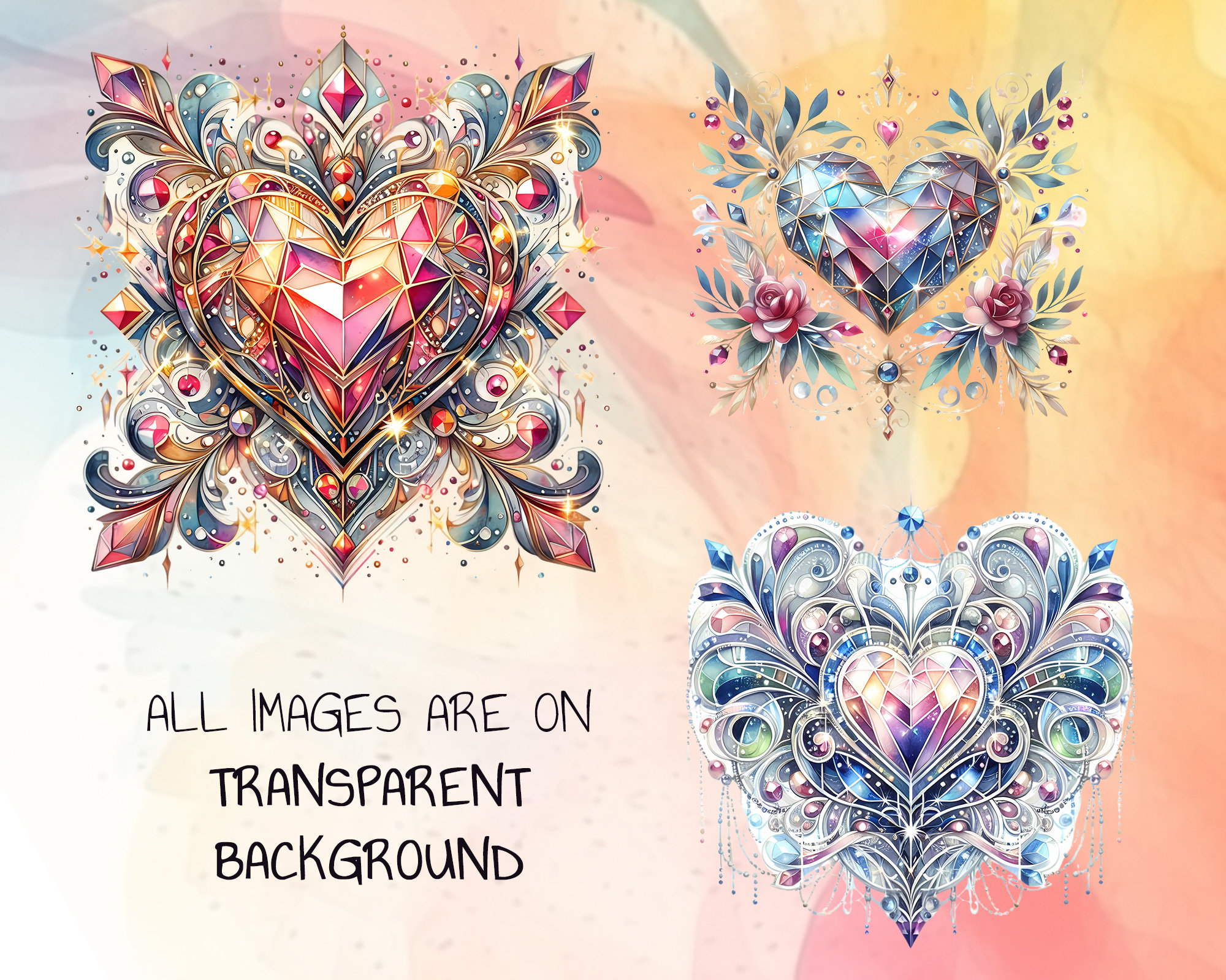 Watercolor Art Deco Heart Clipart, Sparkling Heart, Sparkling Brooch ...