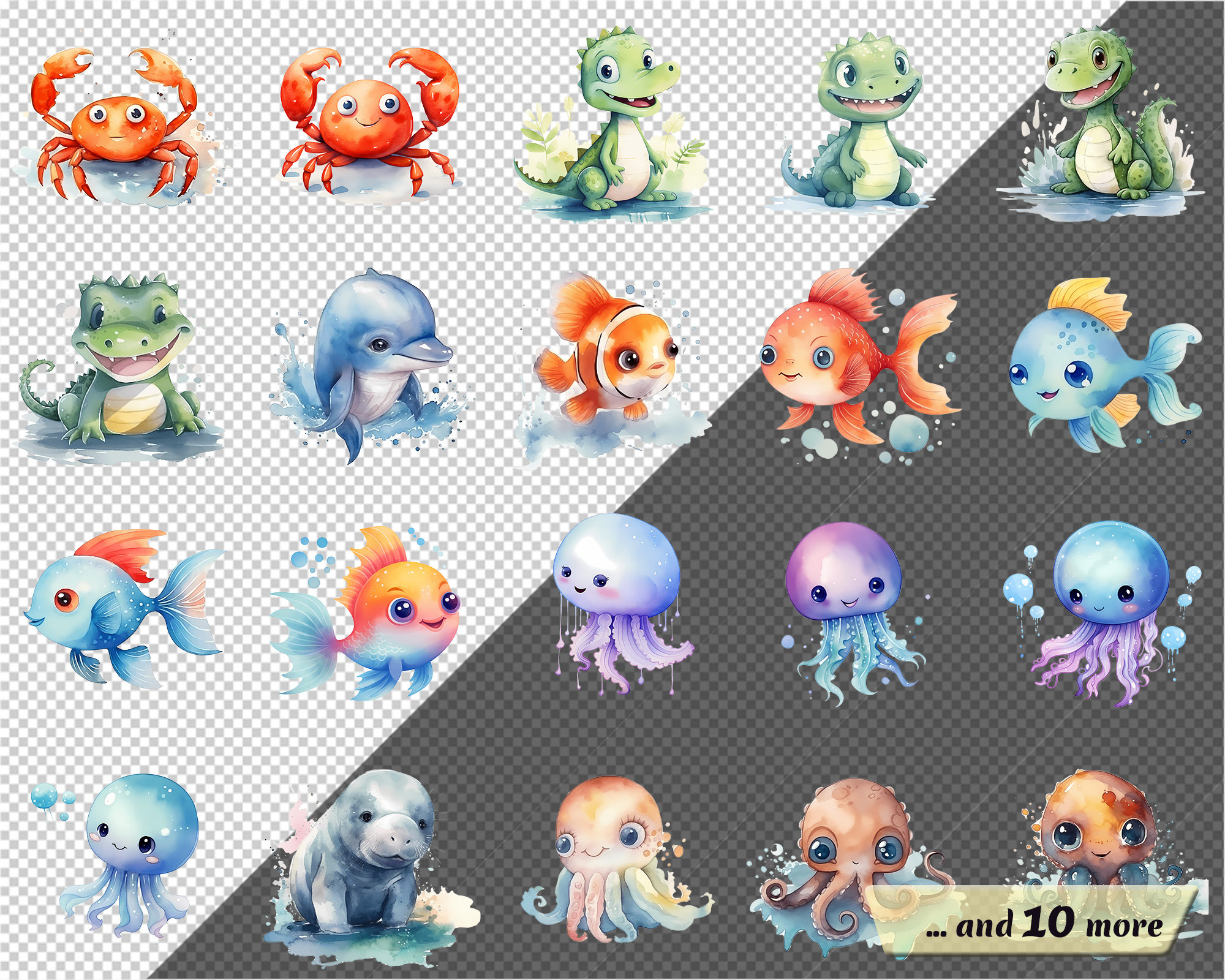 Watercolor Baby Sea Creatures Clipart, Cartoon Animals, Nursery Wall ...