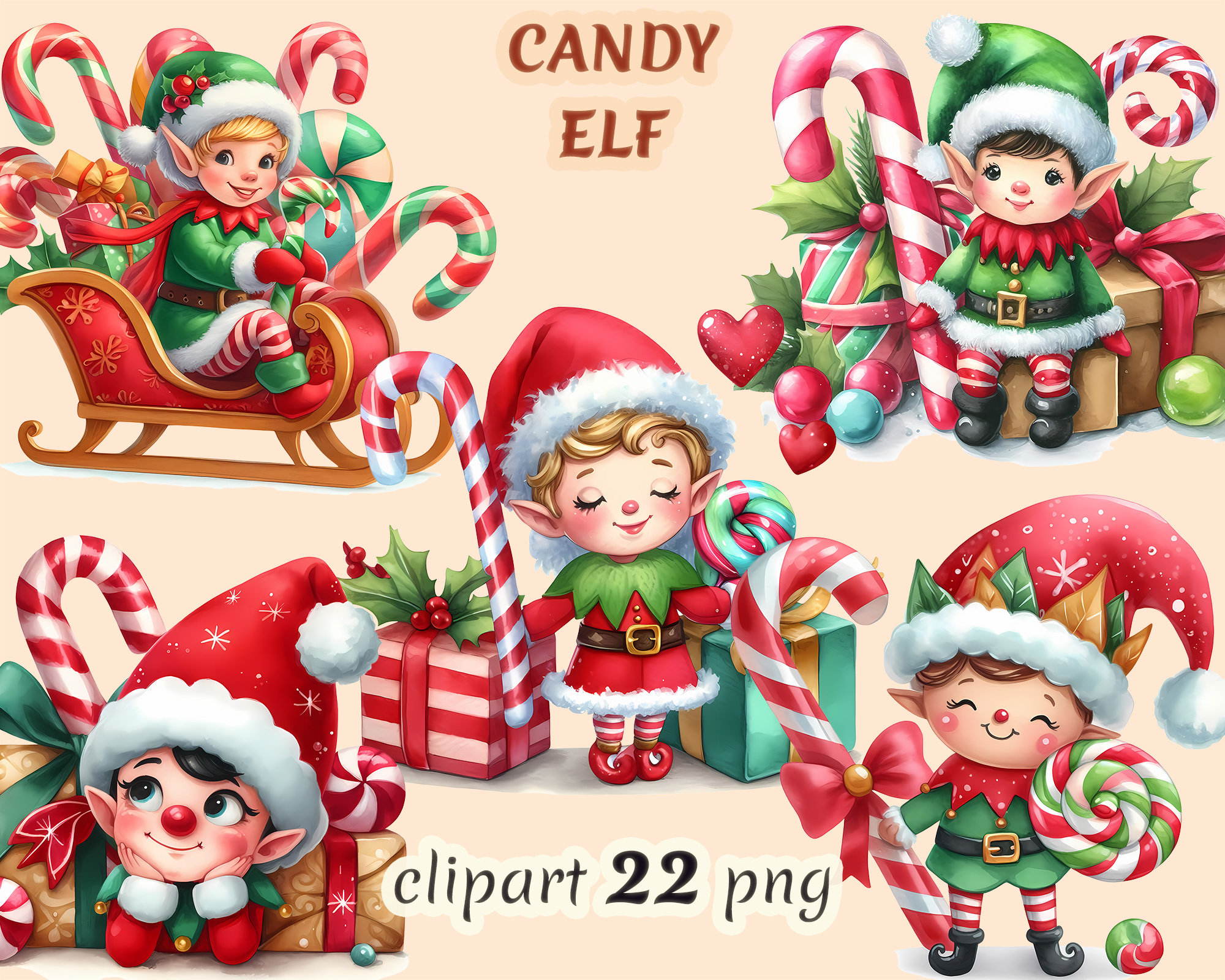 Watercolor Candy Elf Clipart, Candy Cane Pixie, Christmas Candies ...