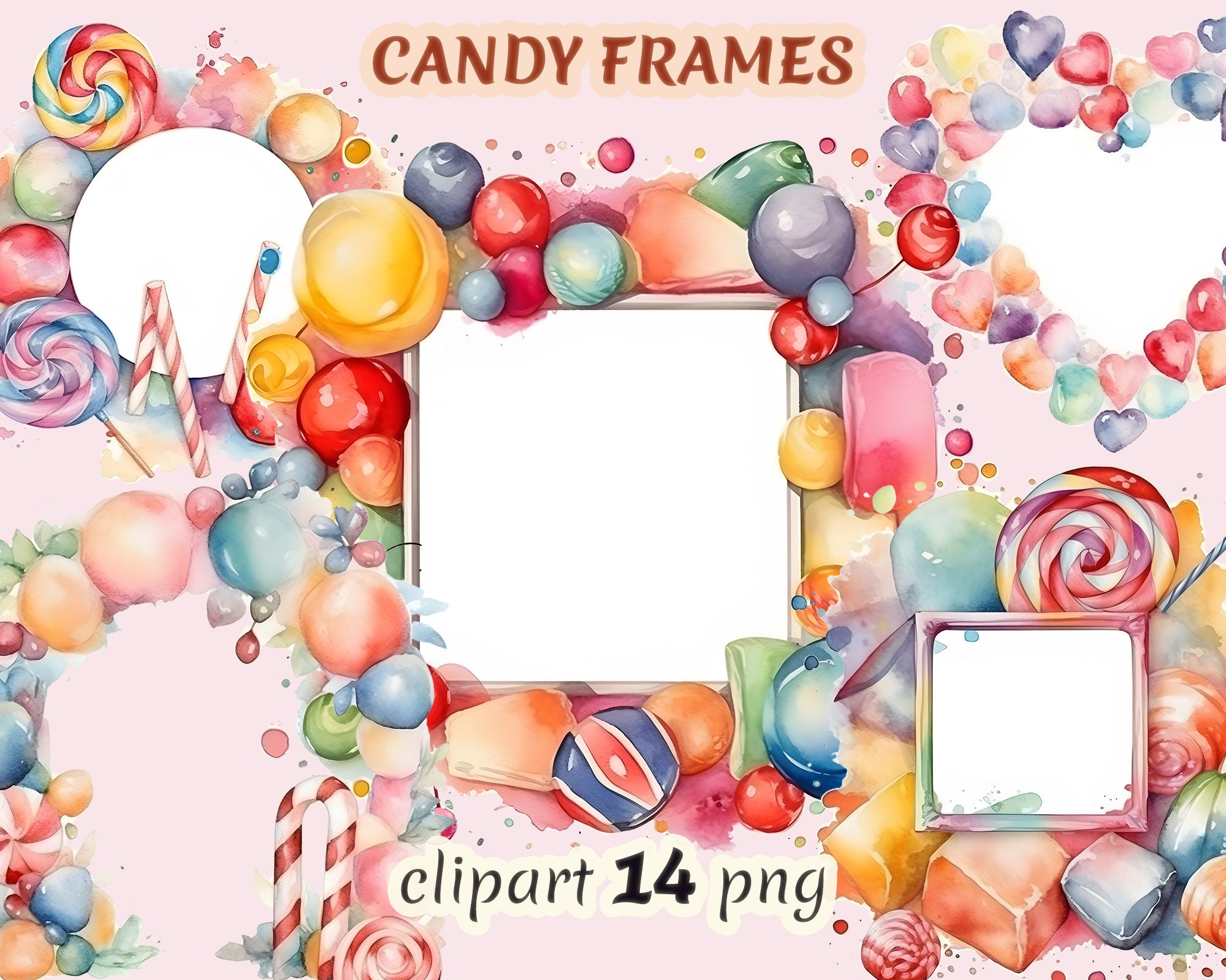 Watercolor Candy Frames Clipart Bundle on Transparent Background ...