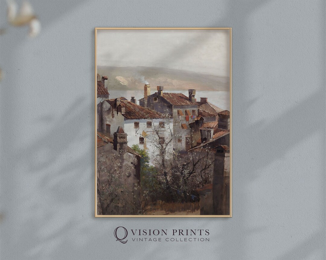 Muted Townscape in Istria, Vintage Spring Landscape Art, Downloadable ...