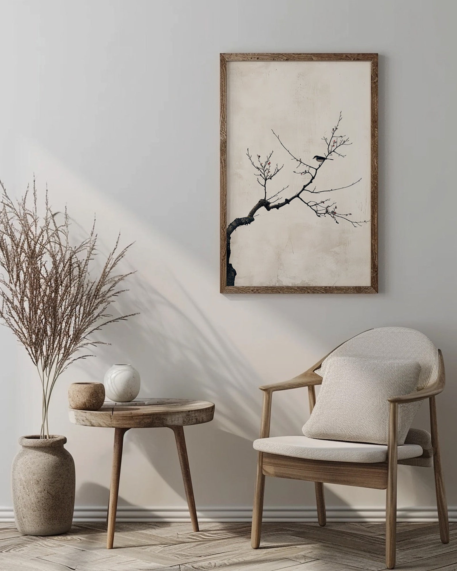 Wabi Sabi Wall Art Bird on a Tree Painting Nature Painting Japandi Wall ...