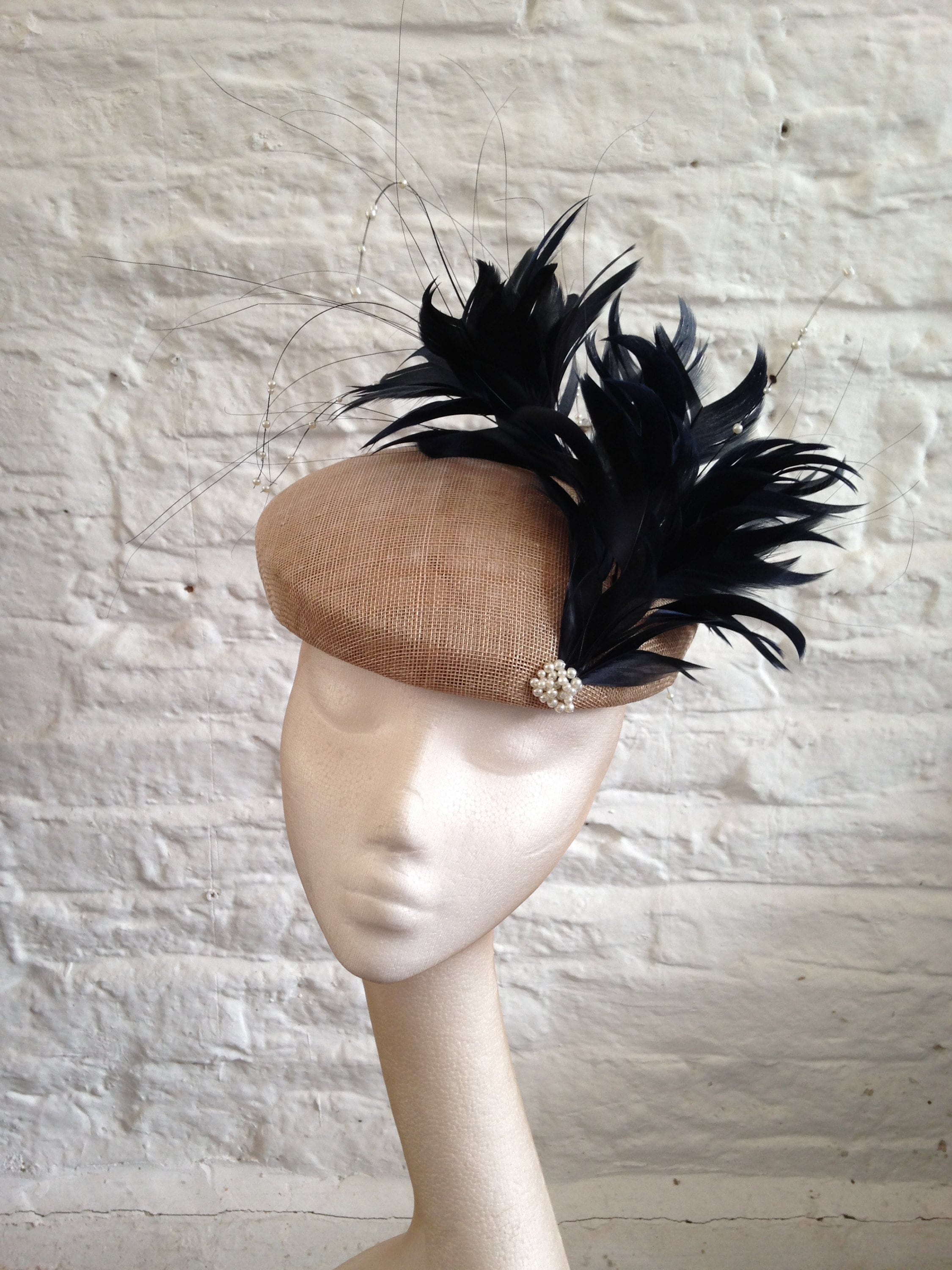 Sample Sale - Almond Sinamay Hat With Navy Blue Feather and Pearl ...