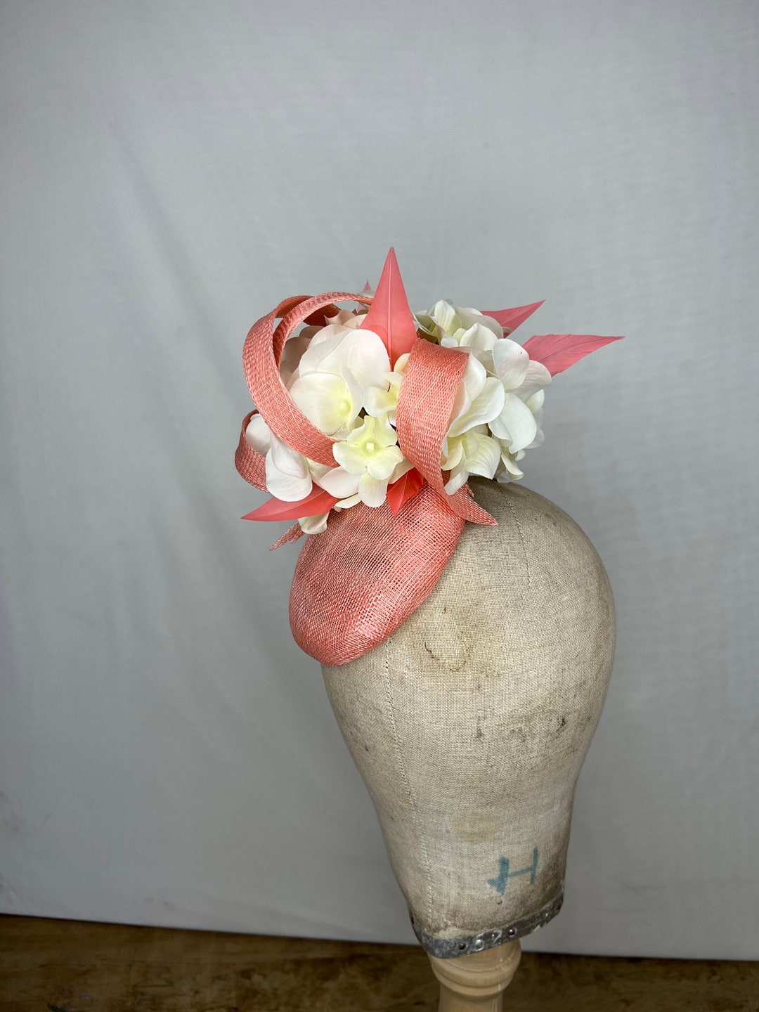 Bright Coral Percher Hat With White Hydrangea Flowers and Coral ...