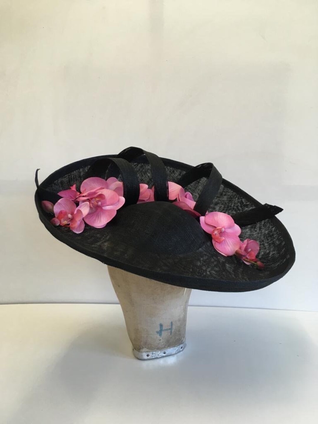 Large Black Lipped Saucer Style Hat With Pink Orchids and Black Loops ...
