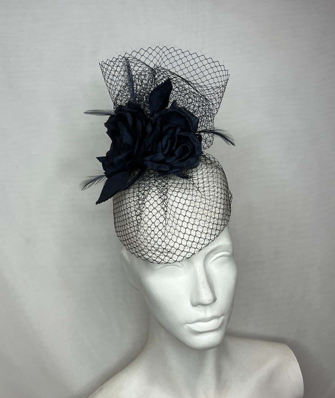 White Straw Pointed Beret Hat With Dark Navy Small Veiling With Silk ...