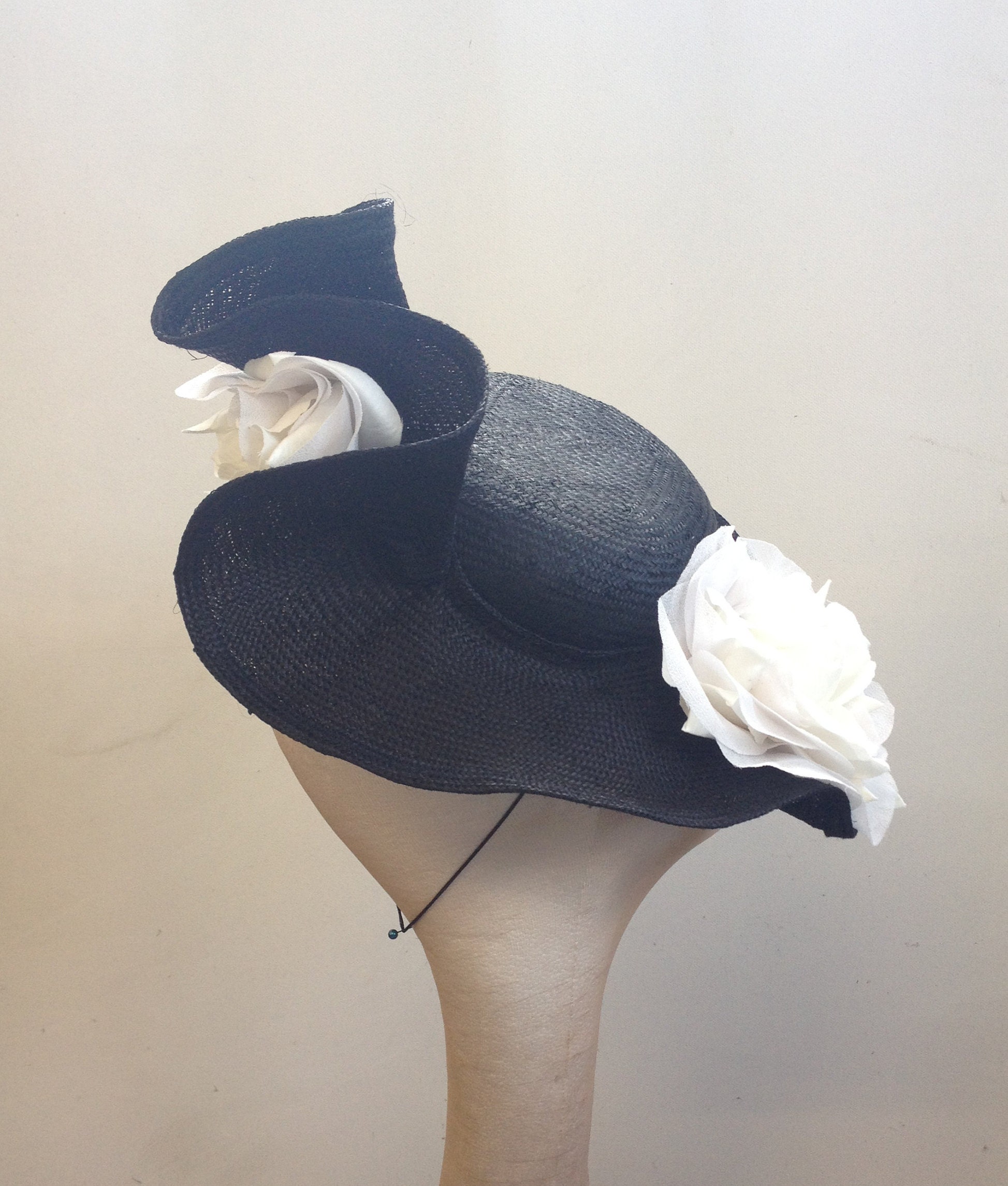 Black Straw Boater Style Hat With White Rose Details - Etsy