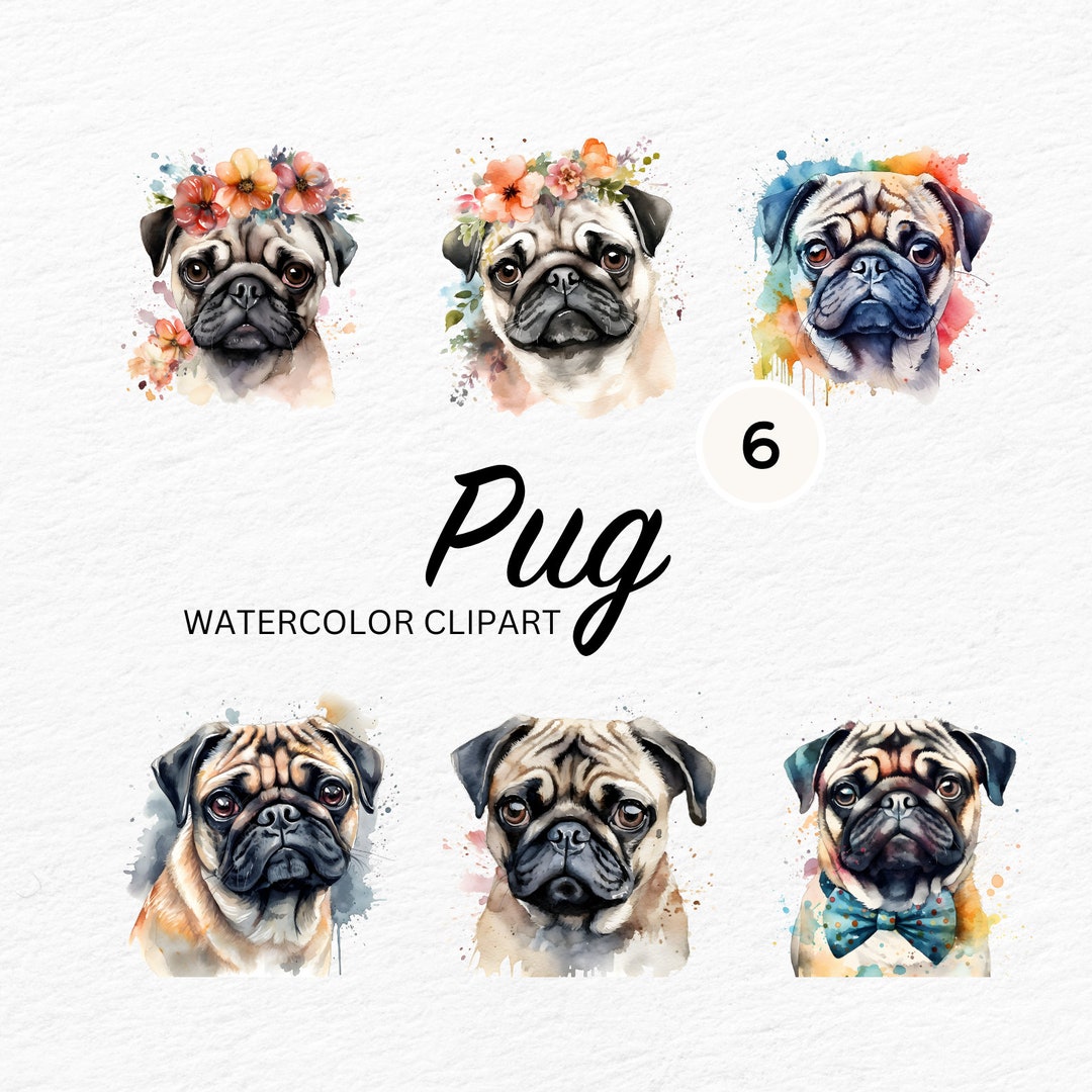 Watercolor Pugs Clipart PNG Instant Digital Download for Commercial Use ...