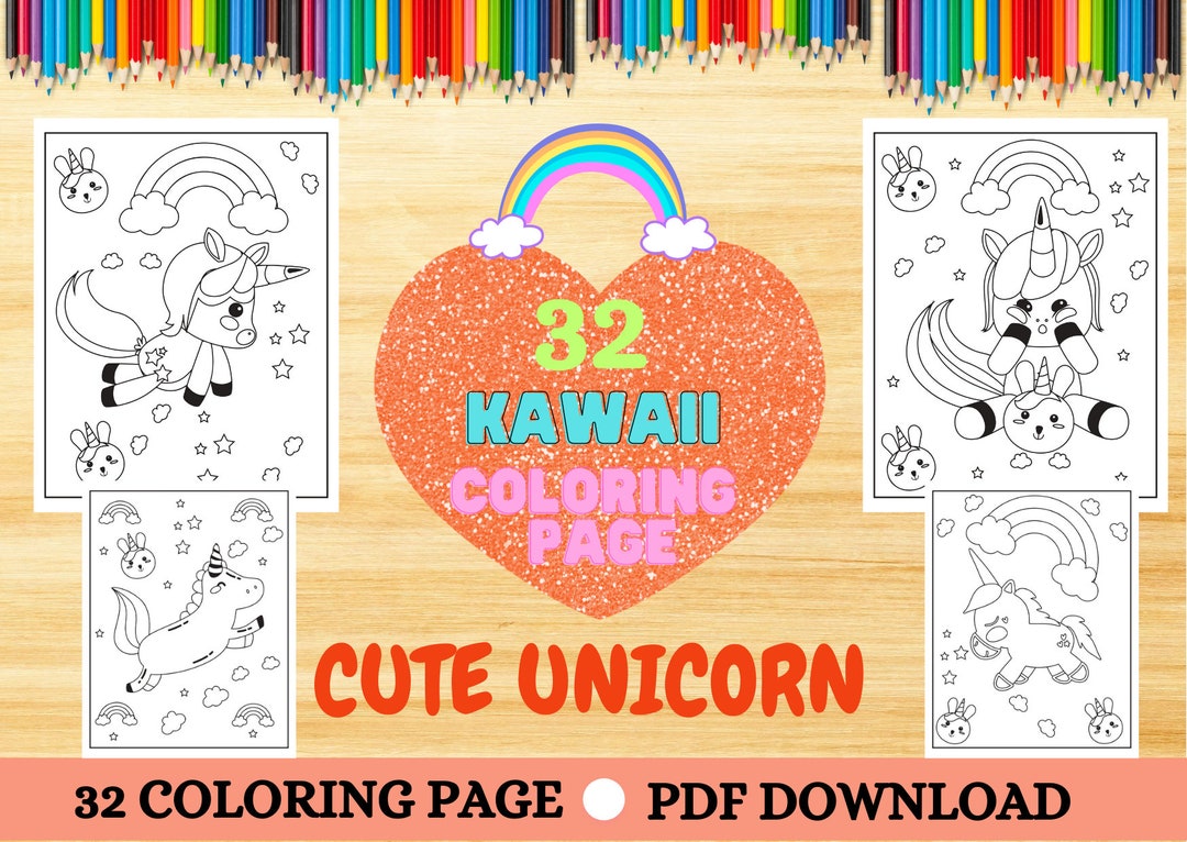 Printable Unicorn Kawaii Coloring Pages for Adults and Kids 32 Pages ...