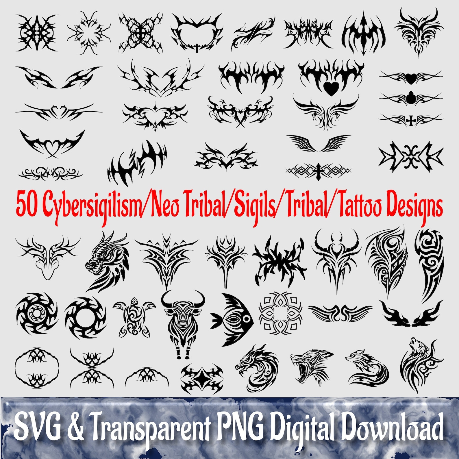 Cybersigilism Tattoo Art: Neo-tribal SVG PNG Bundle (50 Designs) - Etsy