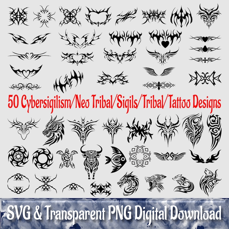 Cybersigilism Tattoo Art: Neo-tribal SVG PNG Bundle (50 Designs) - Etsy
