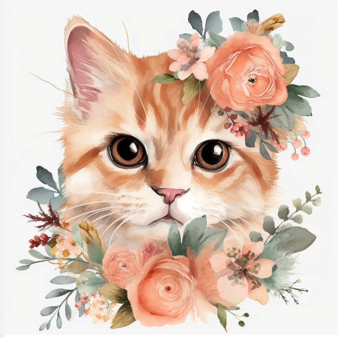 Cute Kitten Clip Art, Boho Floral Cat Clipart, Transparent Background ...