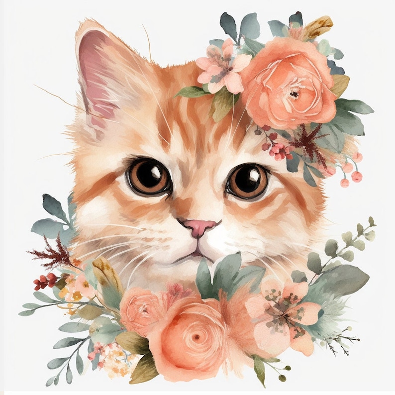 Cute Kitten Clip Art, Boho Floral Cat Clipart, Transparent Background ...