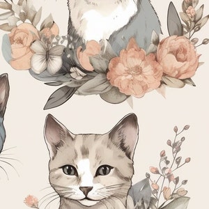 Cute Kitten Clip Art, Boho Floral Cat Clipart, Transparent Background ...