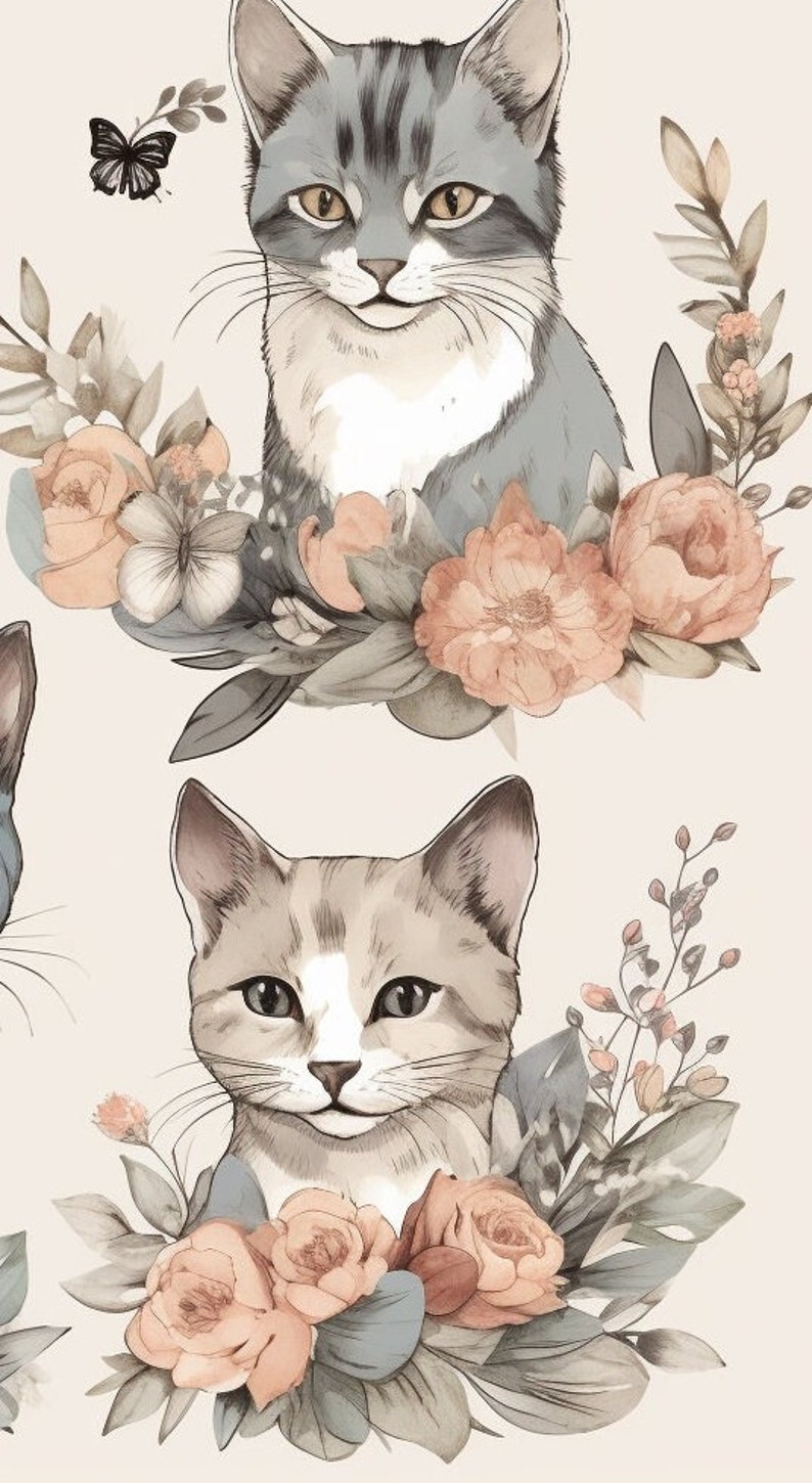 Cute Kitten Clip Art, Boho Floral Cat Clipart, Transparent Background ...