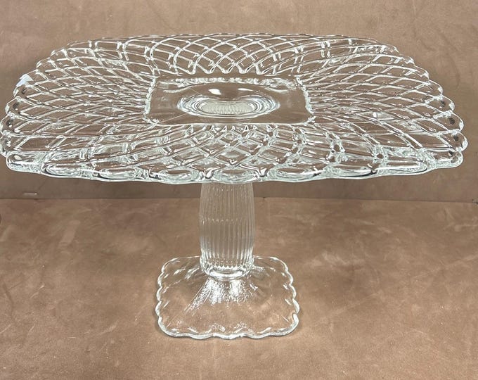 Vintage LE Smith Trellis Clear Glass Square Pedestal Cake Stand MCM 11 ...