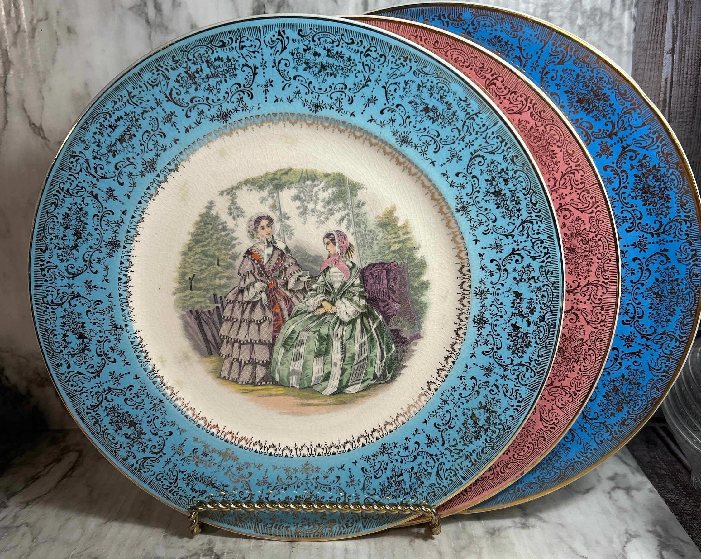 Antique Salem USA Set of 3 Porcelain Plates 10 3/4 Decorative Godey ...