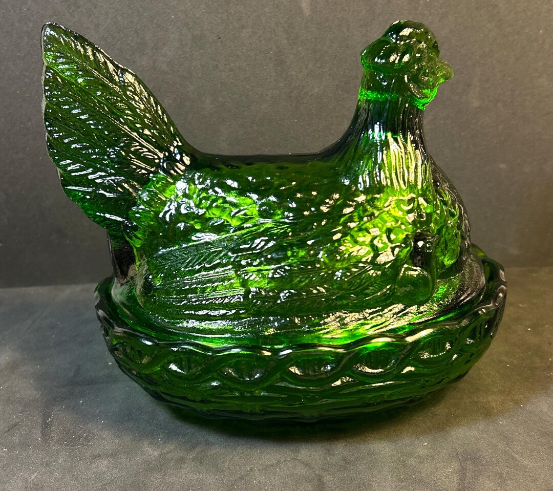 Vintage L.E Smith Emerald Green Hen on Nest Covered Chicken Dish 6.5 L ...