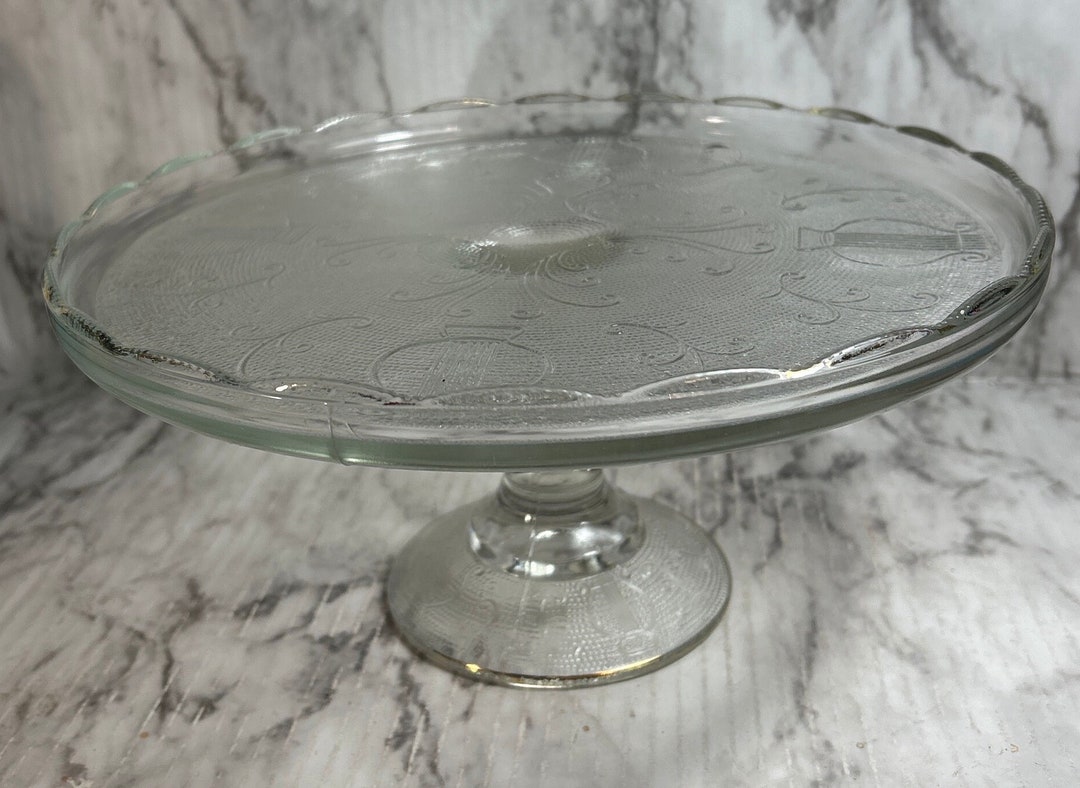 Vintage Jeanette Etched Harp Design Depression Glass Pedestal Cake ...