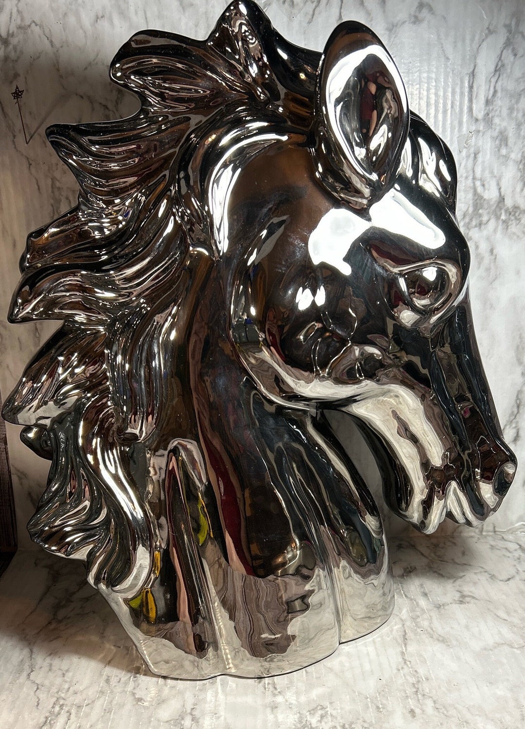 Vintage Large Ceramic Horse Bust Head Shiny Chrome Silver Finish 16T X ...