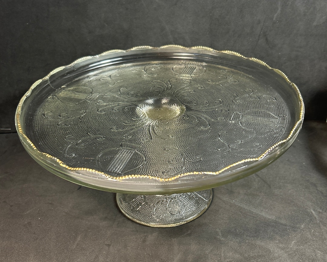 Vintage Jeanette Etched Harp Design Depression Glass Pedestal Cake ...