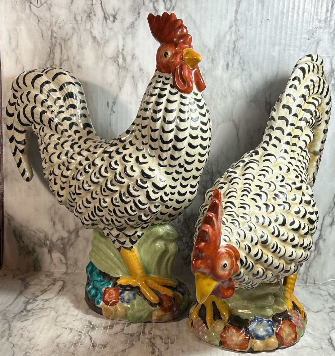 Vintage Italian Majolica Style Rooster Hen Pair Perfect Condition Black ...
