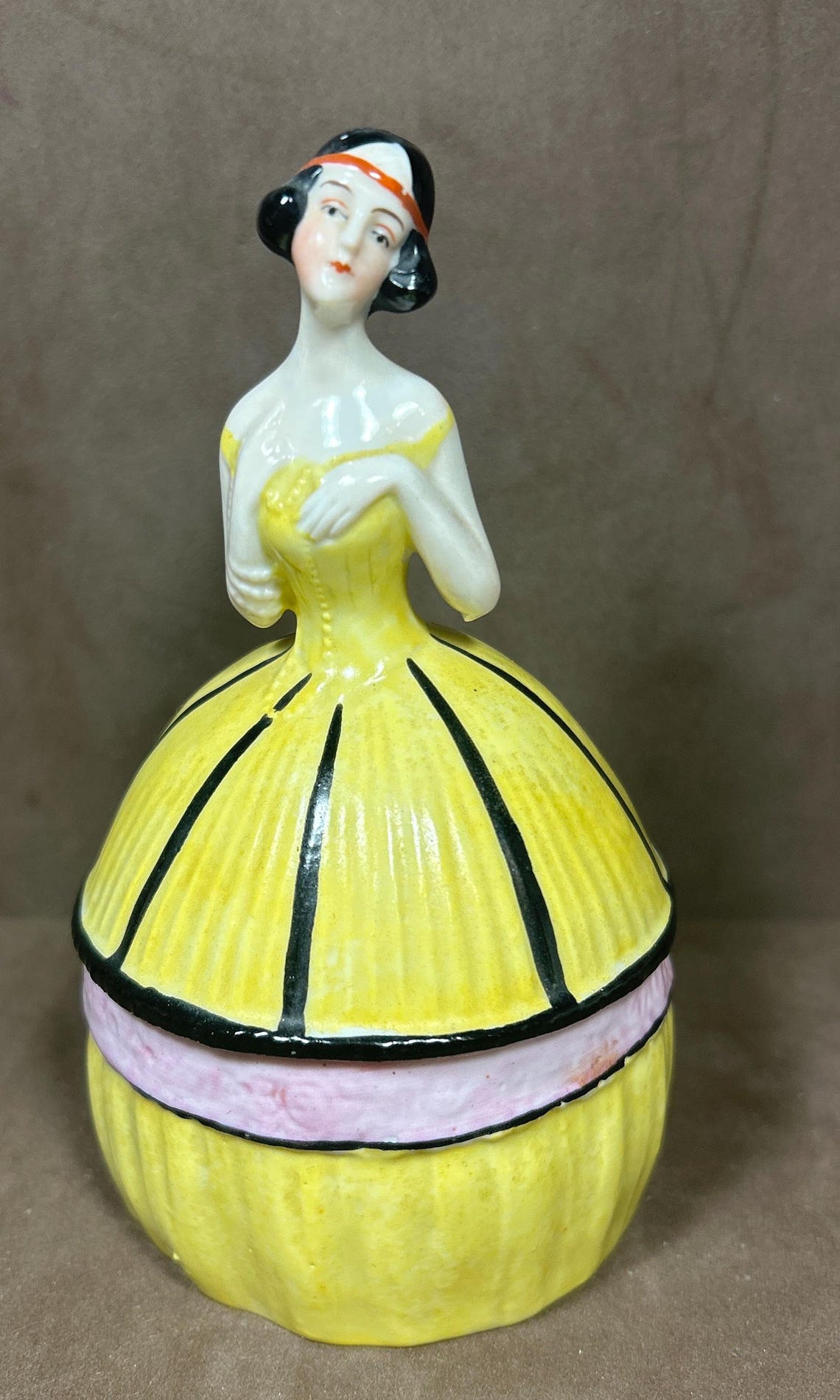 Antique German Flapper Woman Yellow Dress Dresser Doll Powder Box ...
