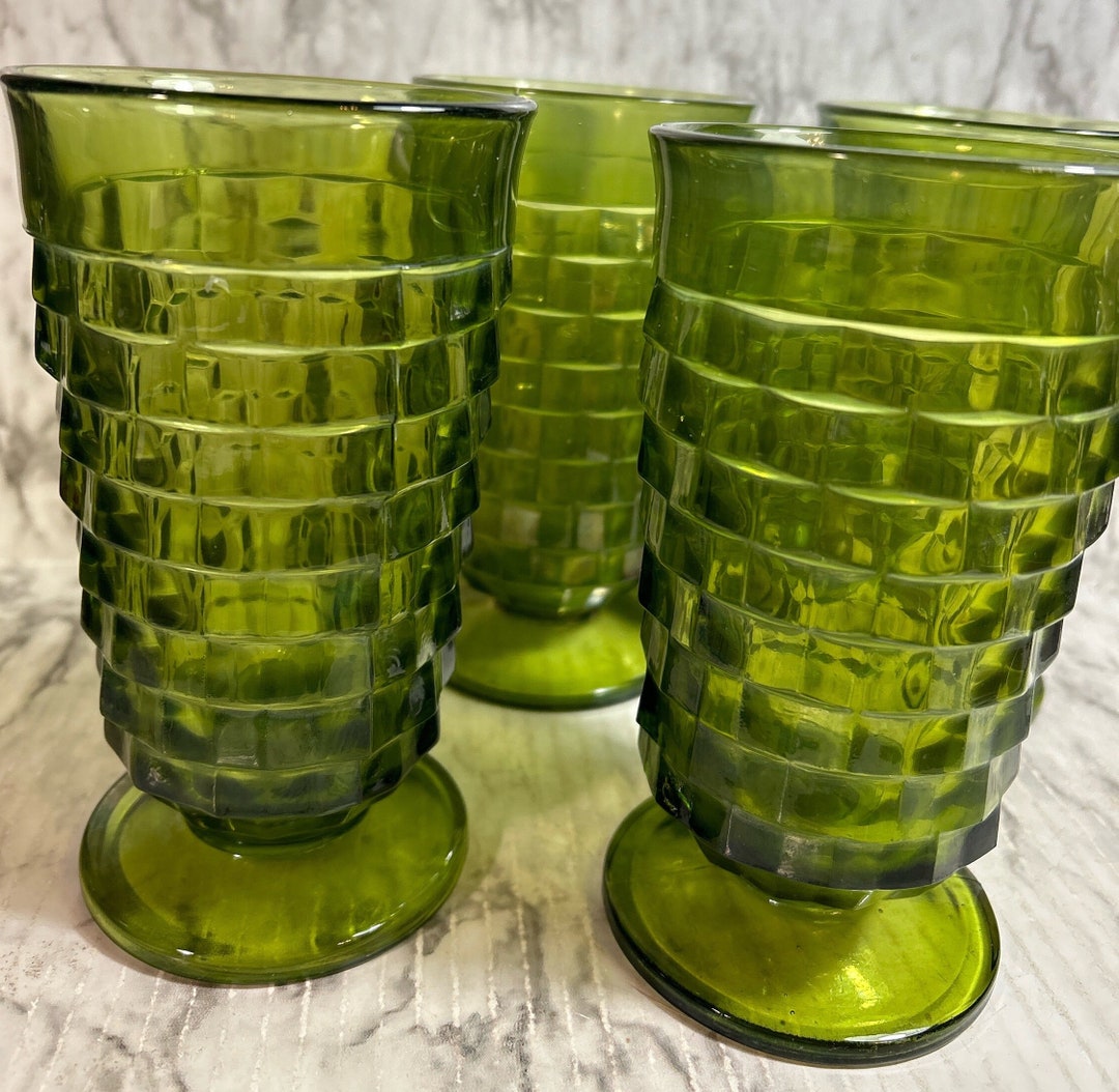 Vintage Mid-century Whitehall Green Faceted Indiana Glass Drinking ...