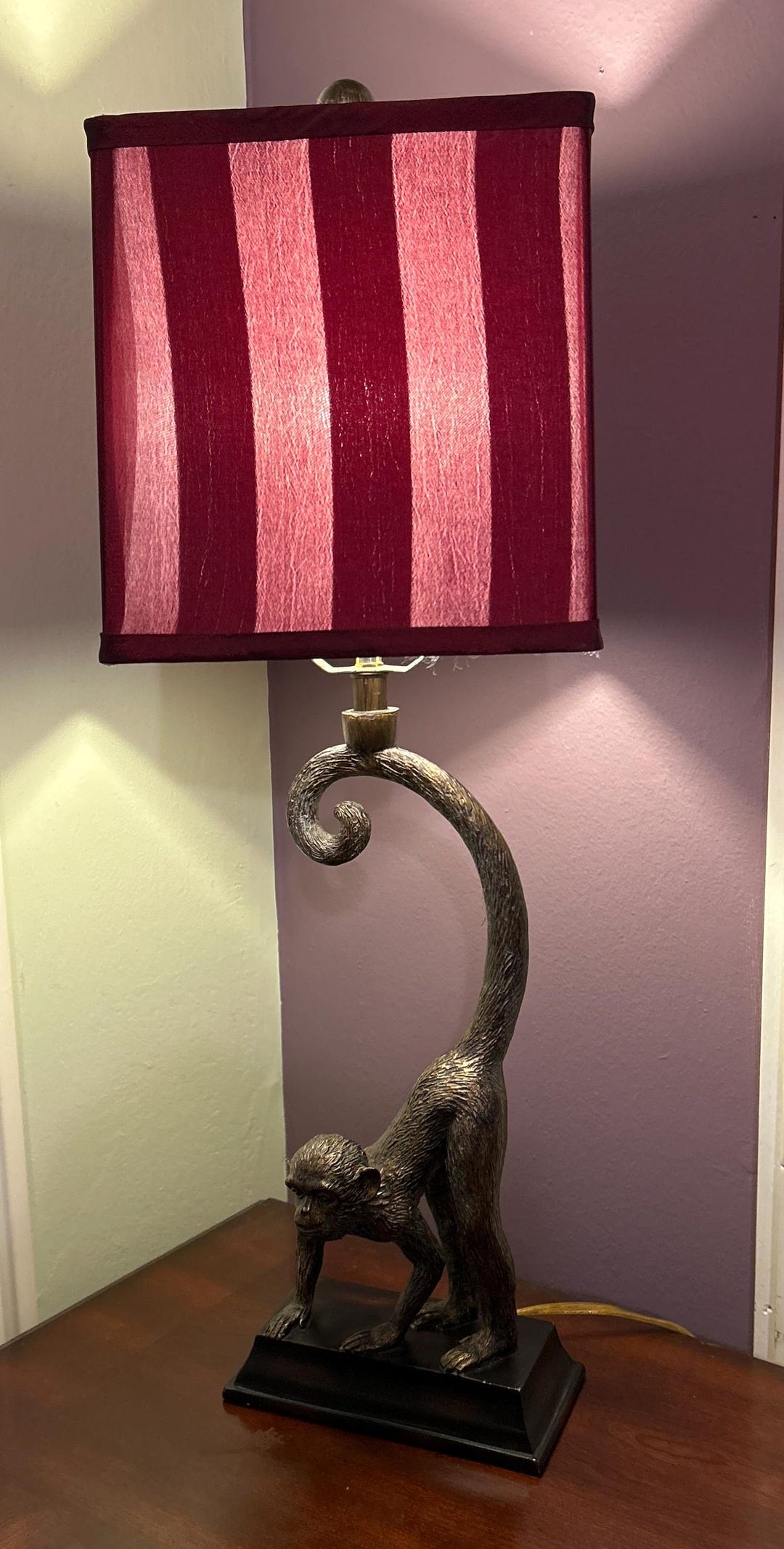 Vintage Palm Tree Monkey Lamp 25.5” T Base to Finial, 5” Base. Burgundy ...