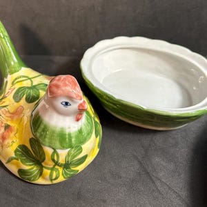 Ceramic Hen on Nest Hand Painted White Green Yellow 4.5”x6” Hen on Nest ...