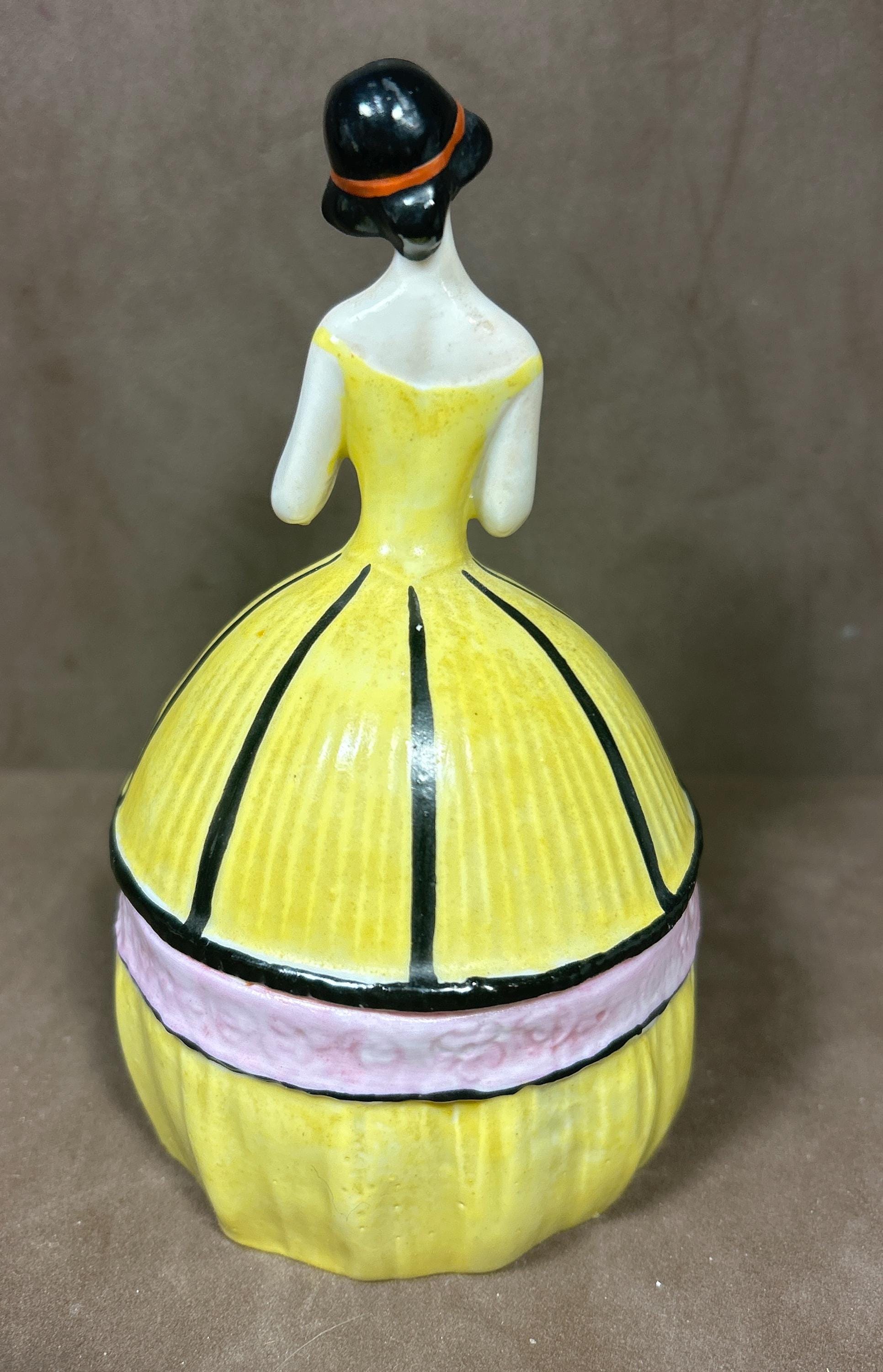 Antique German Flapper Woman Yellow Dress Dresser Doll Powder Box ...