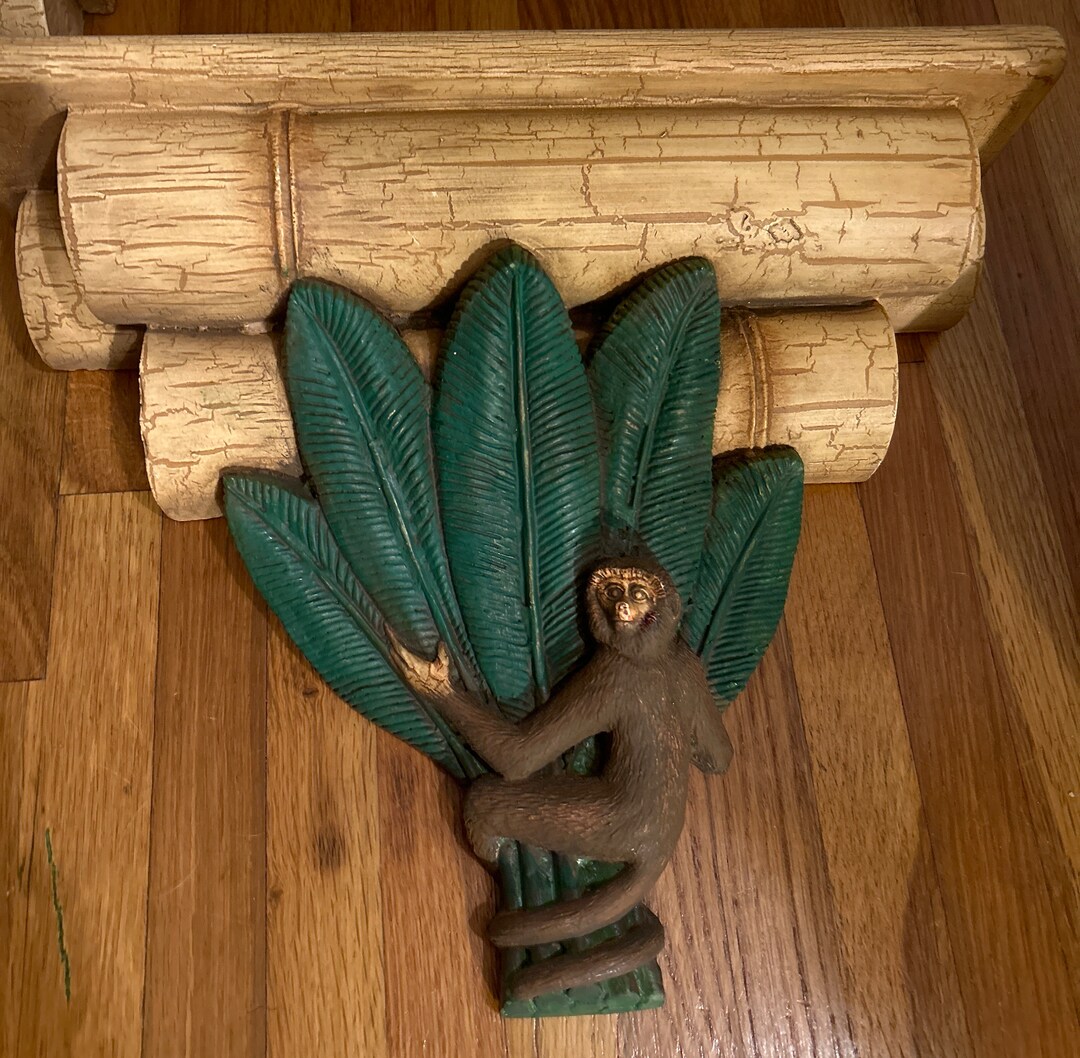 Vintage Monkey Wall Sconces Decor Set of Two Resin Bamboo and Palm Leaf ...