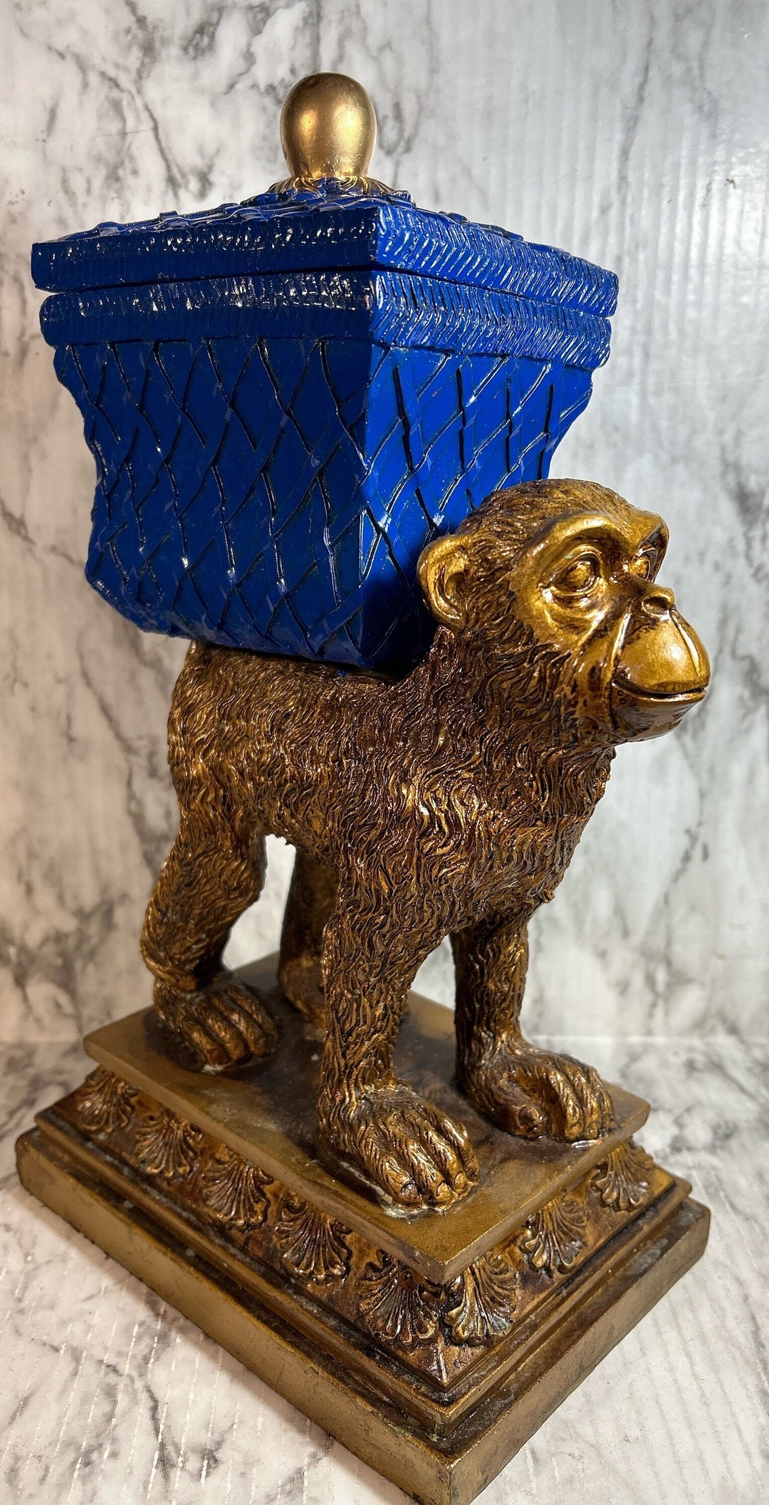 Vintage Gold Resin Monkey With Lidded Blue Box Rare Find 15 T 8 L 5 1/4 ...