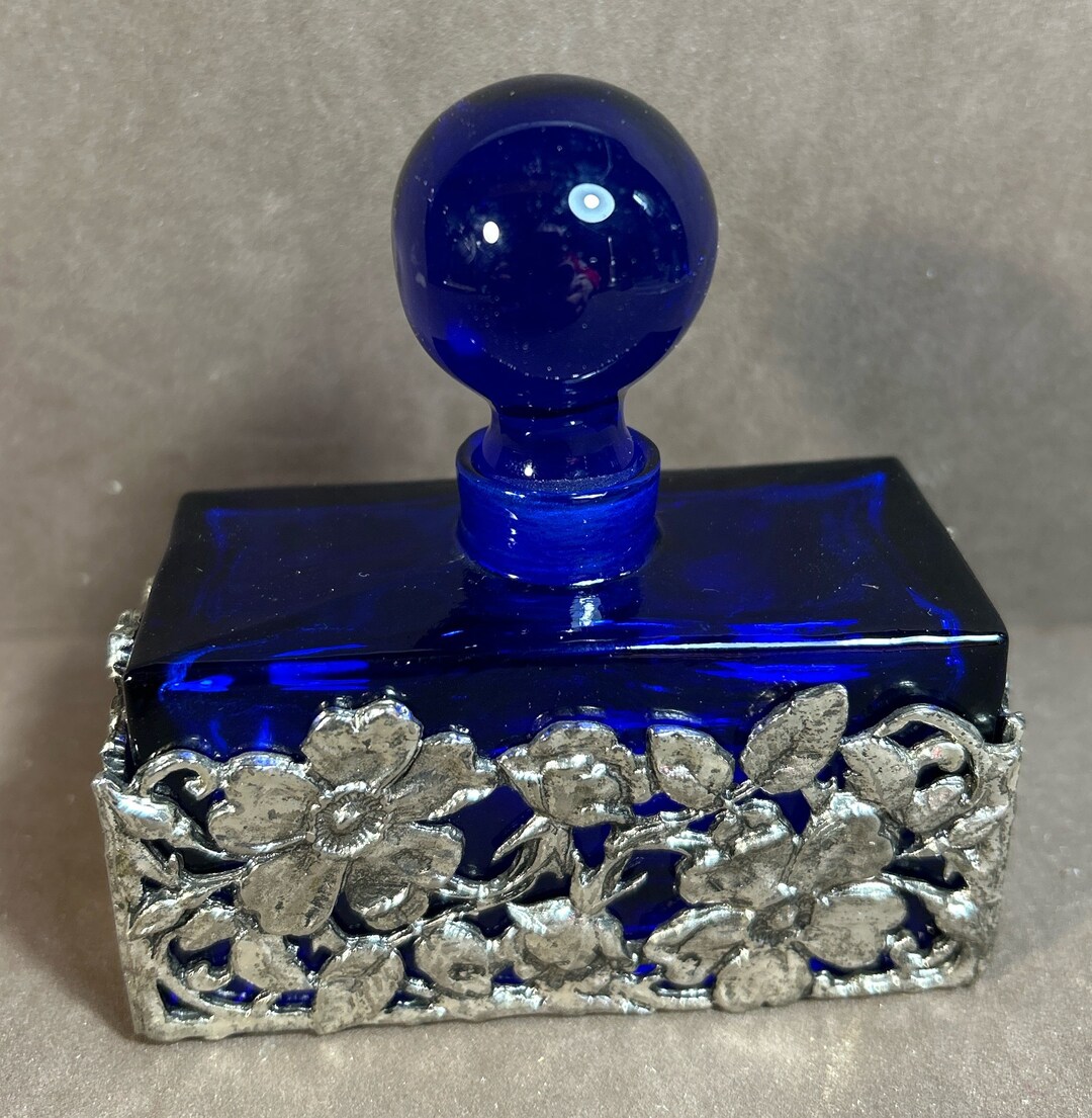 Vintage Cobalt Blue Perfume Bottle With Globe Stopper Wrapped in Floral ...