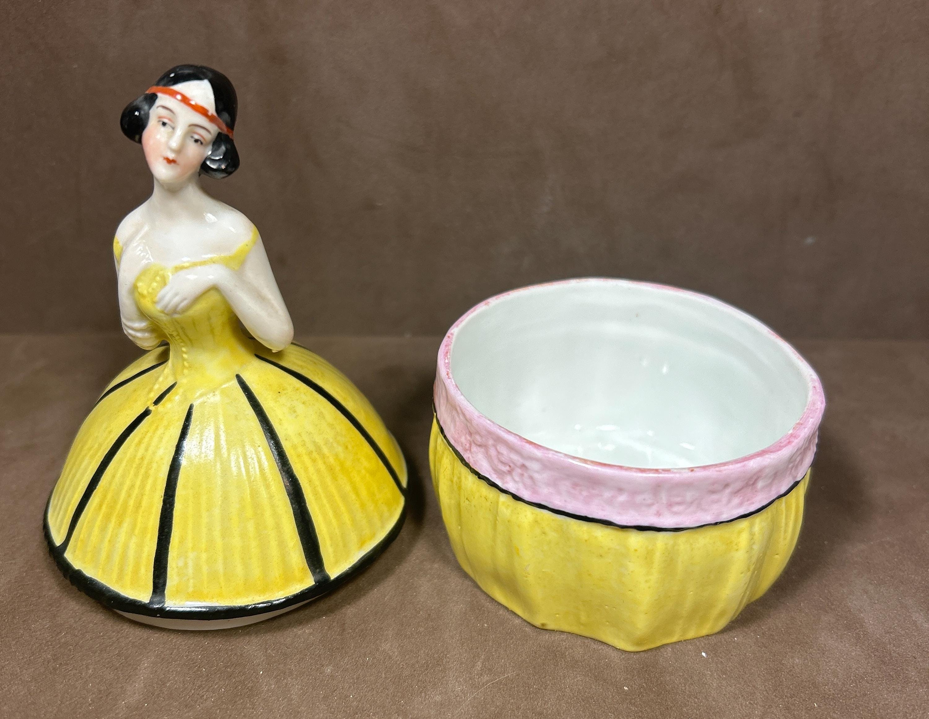 Antique German Flapper Woman Yellow Dress Dresser Doll Powder Box ...