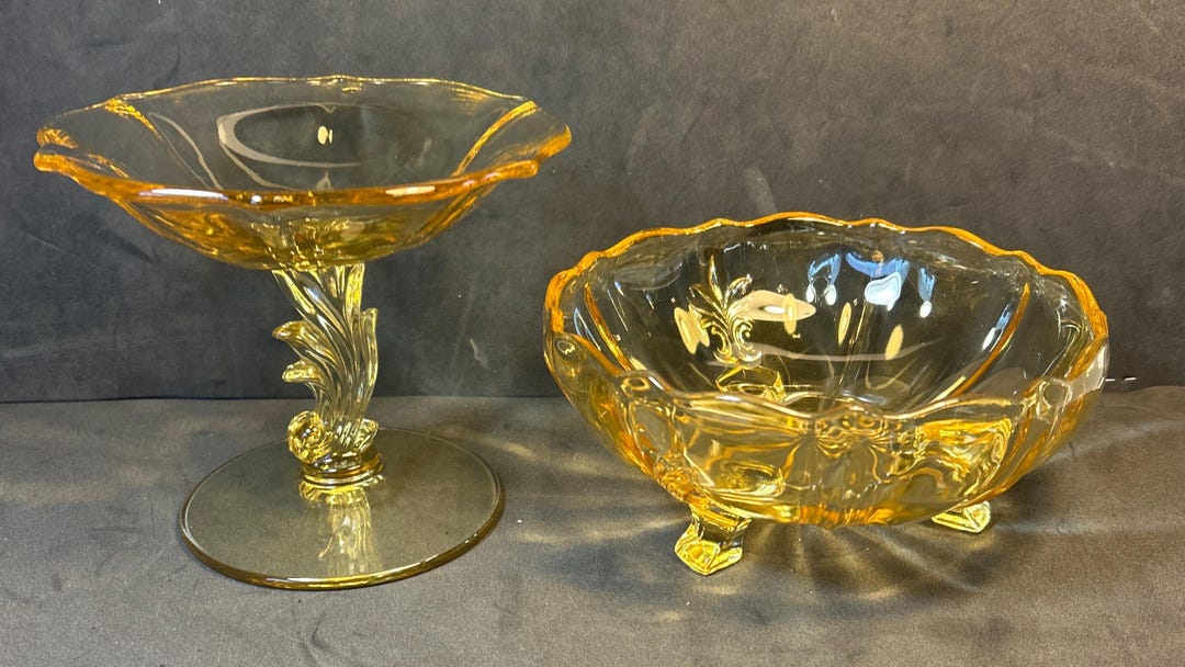 Antique Depression Glass Fostoria Topaz Baroque Set of 2 Compote 5.5” X ...
