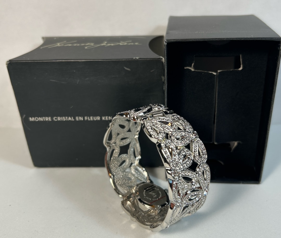 Kenneth Jay Lane Crystal Rhinestone Cuff Watch Floral Clamper Hinge NIB ...
