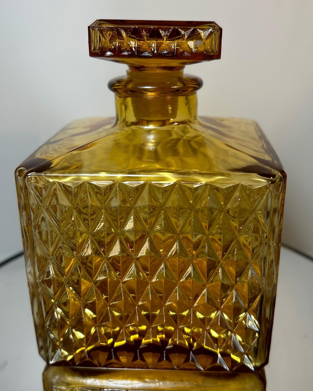Vintage Amber Whiskey Decanter Cut Glass Ribbed Square Diamond ...