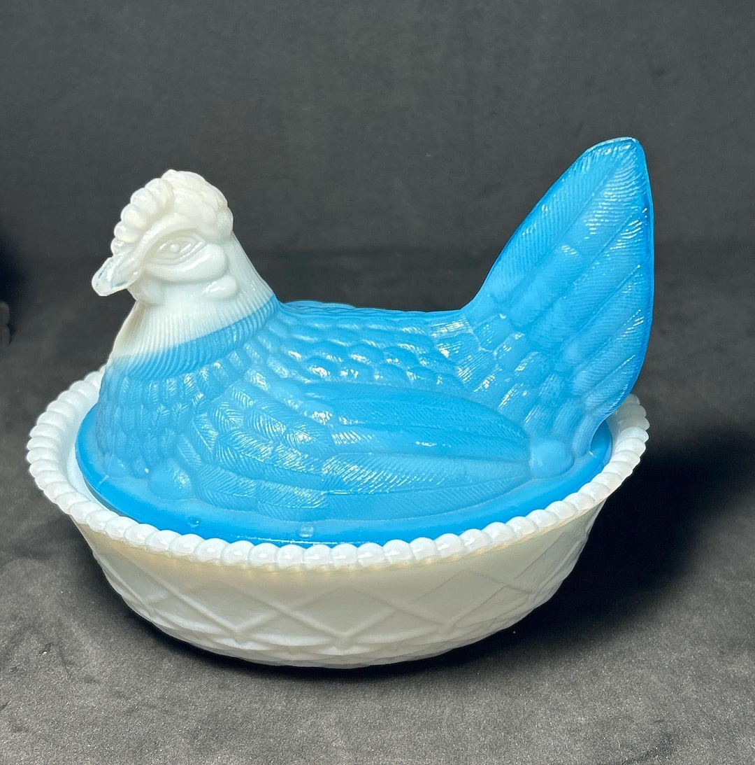 Vintage Rare! Westmoreland Blue and White Milk Glass Hen on Nest ...