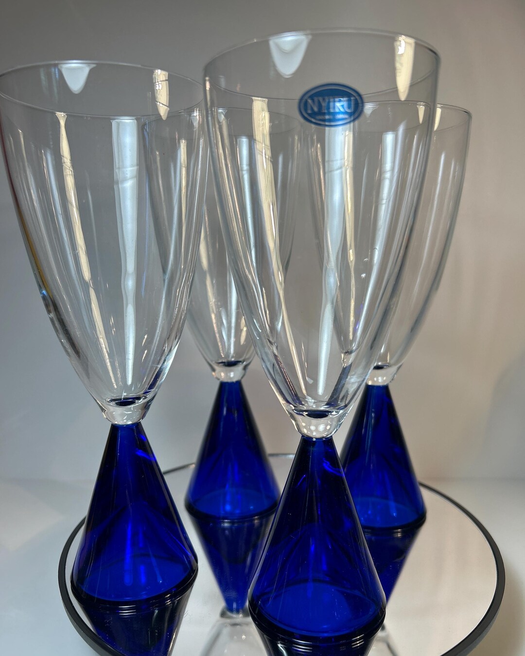Vintage Set of 4 Prisma Sasaki Eon Blue Champagne Wine Flutes Glasses 7 ...