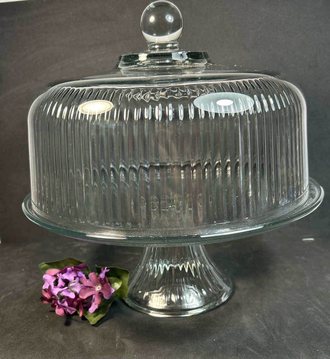 Vintage Ribbed Glass Pedestal Cake / Cupcake Stand With Dome Cover, Anchor Hocking Monaco, 2 in ...