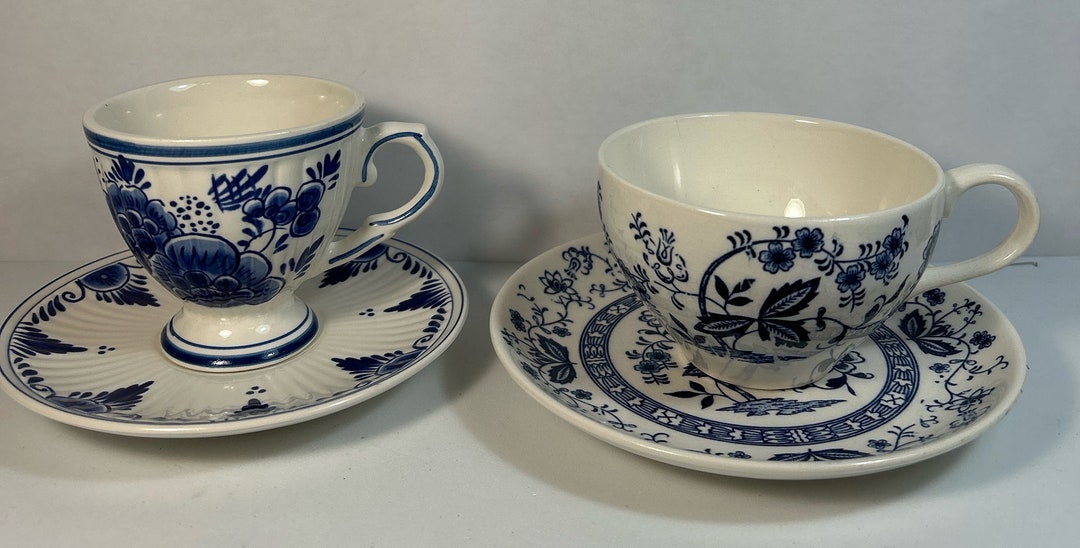 Vintage Delft Blue and Blue Onion Teacup and Saucer Set of 2 Coffee Cup ...