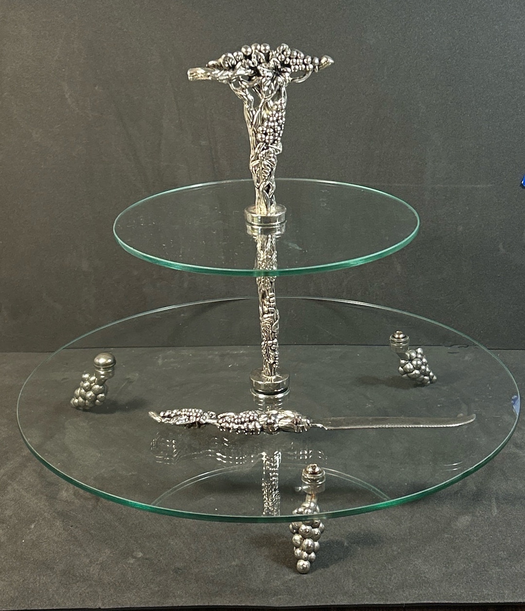 Two Tiered Cheese Dessert Display Tidbit Stand 10 T W/knife Clear Glass ...