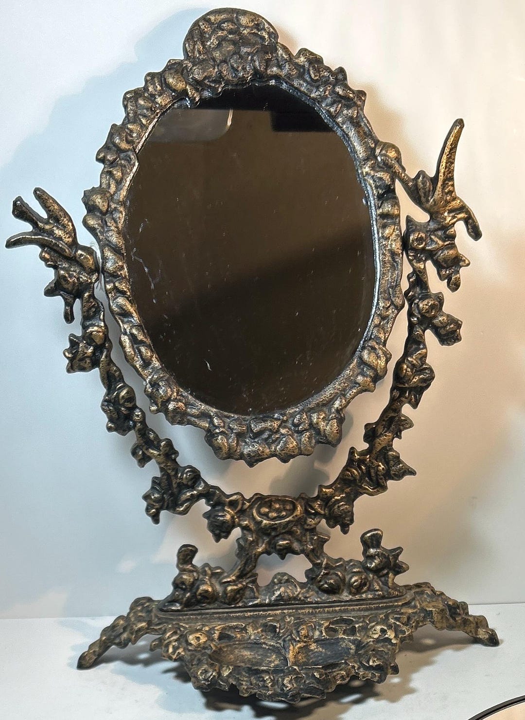 Vintage Medieval Cast Iron Gilded Vanity Oval Mirror Frame W/ Jewelry ...
