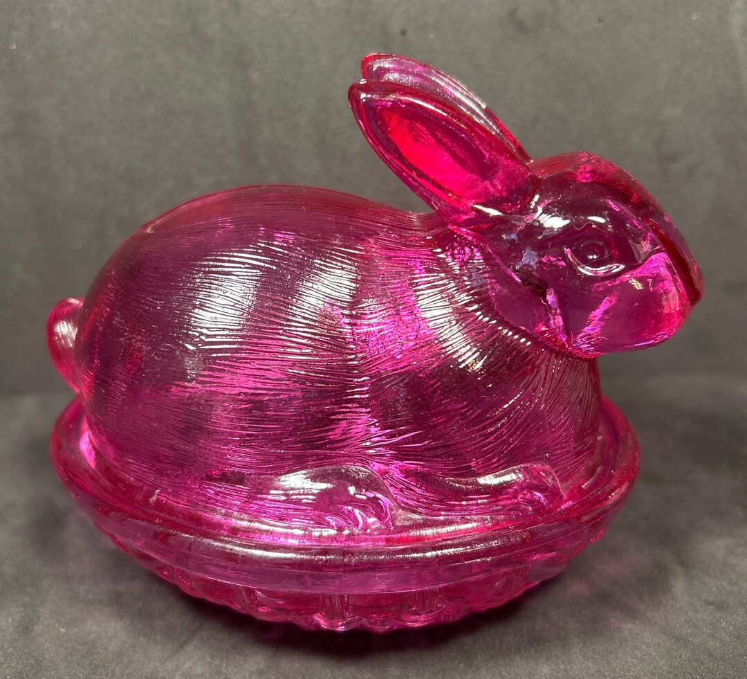 Vintage Rare Pink Glass Rabbit Bunny on Nest Basket Easter Trinket Box ...
