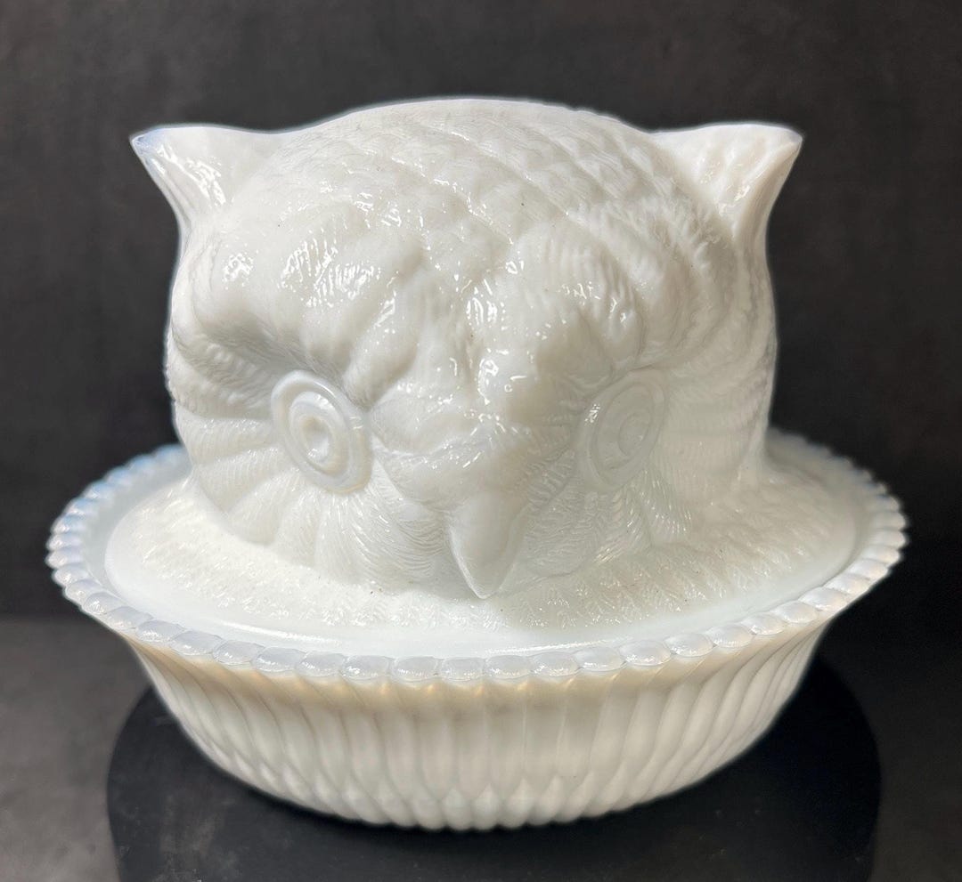 Rare! Milk Glass Owl Dish NMGCS Candy Dish, Trinket Keeper 5 3/8” L X 4 ...