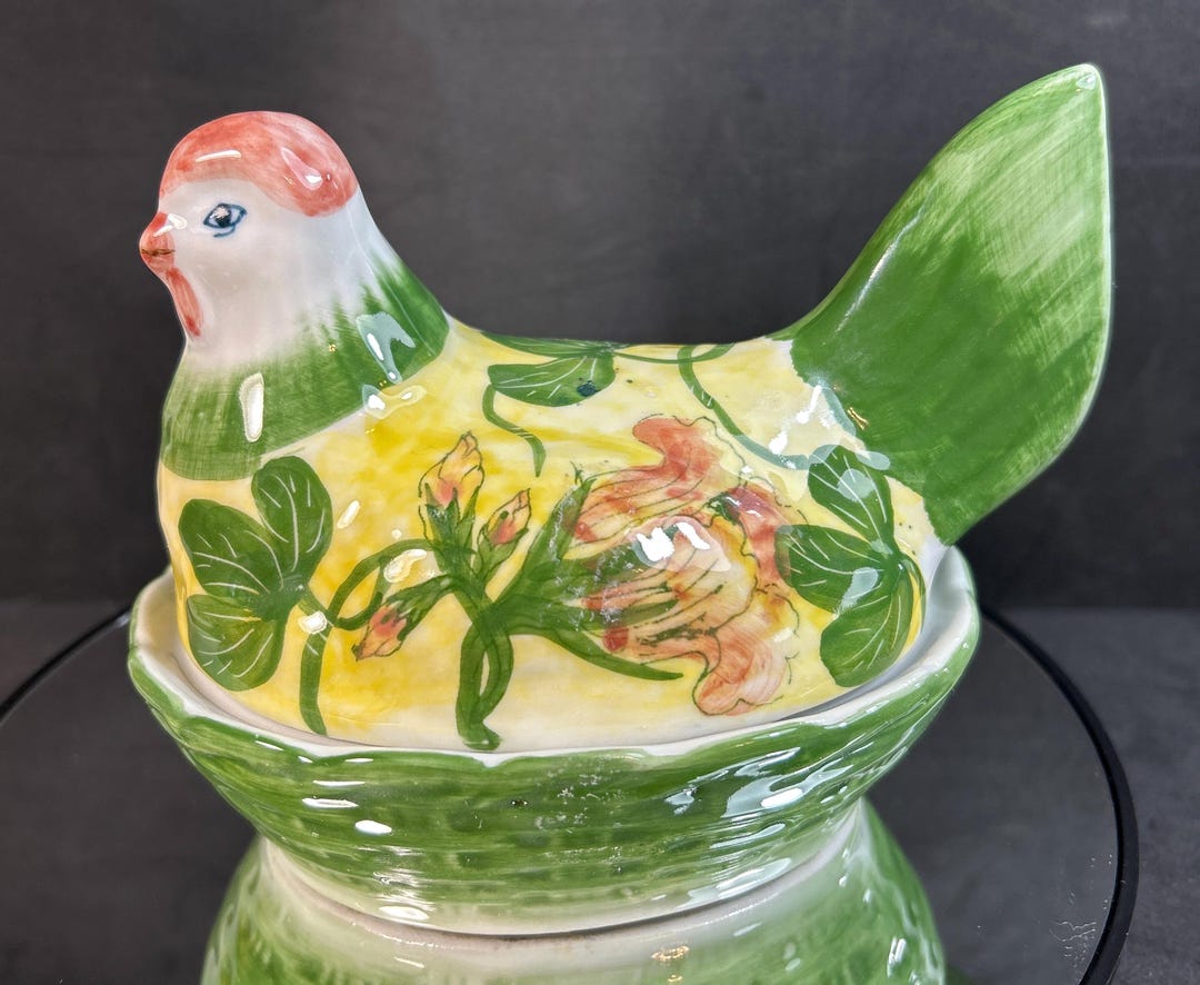 Ceramic Hen on Nest Hand Painted White Green Yellow 4.5”x6” Hen on Nest ...
