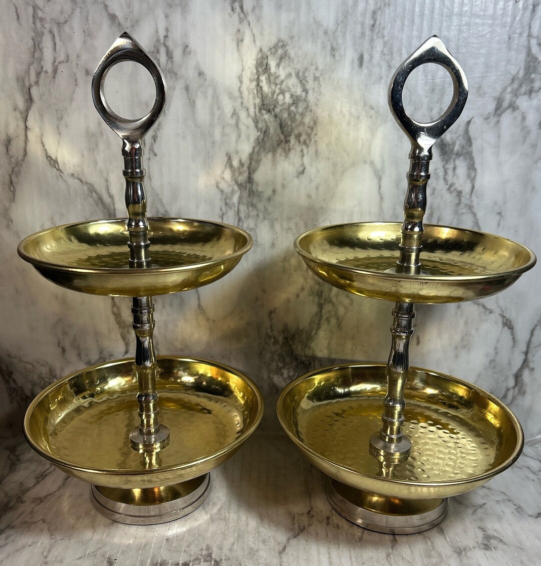 Vintage Double-tiered Dessert Display Tidbit Stand Brass Metal Jewelry ...